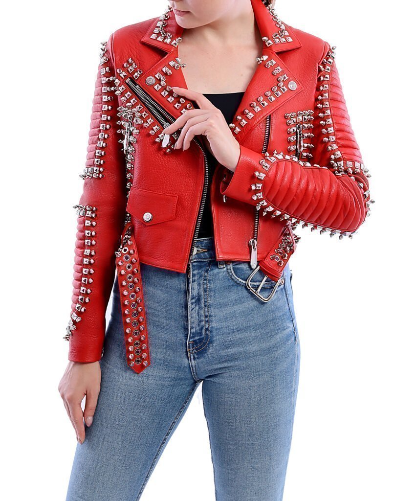 Slogan Red- Nikel Spiked Leather Jacket - Vavskins