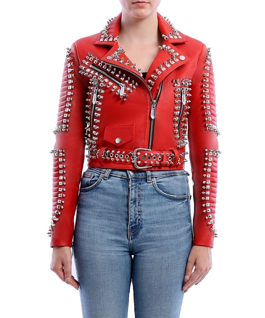 Slogan Red- Nikel Spiked Leather Jacket - Vavskins