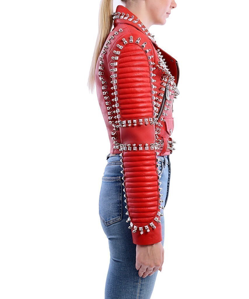 Slogan Red- Nikel Spiked Leather Jacket - Vavskins